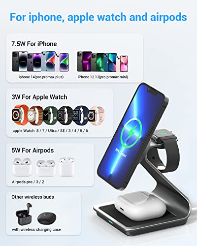 3 in 1 Wireless Charger for MagSafe, Aluminum Alloy Wireless Charging Station, Compatible with iPhone 14/13/12, Apple Watch, AirPods Pro/3/2 (Cable and Adapter Included) Space Grey