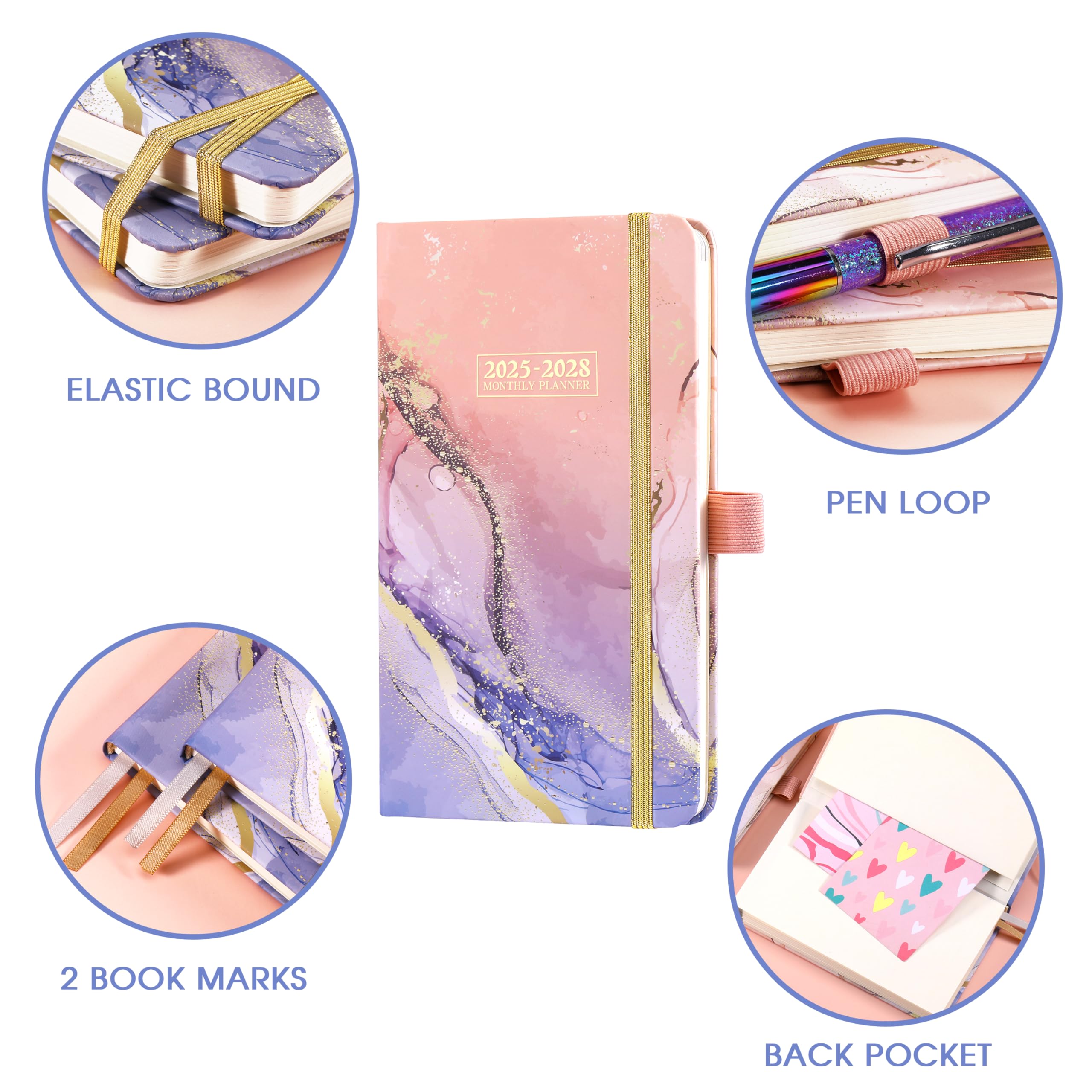 Pocket Planner/Calendar 2023-2026 - Monthly Pocket Planner/Calendar with 63 Notes Pages, Jul. 2023 - Jun. 2026, 3.8" x 6.4", 3 Year Monthly Planner with Inner Pocket + Pen Hold - Purple Waterink