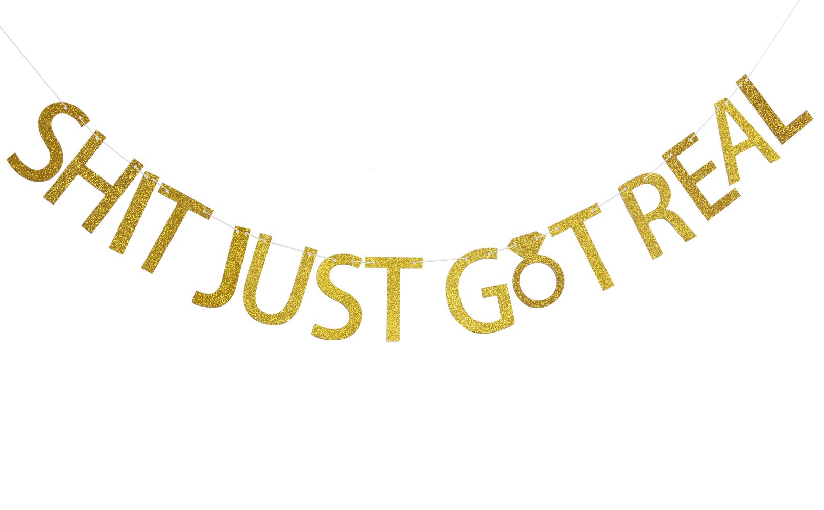 Firefairy™ Shit Just Got Real Gold Glitter Bunting Banner for Funny Wedding, Engagement, Bachelorette,Pregnancy Announcement,Bar Sign