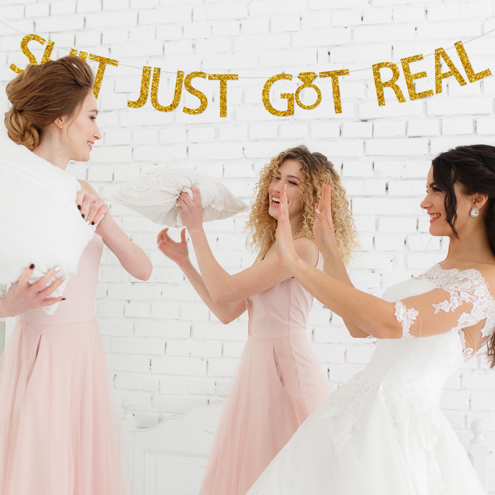 Firefairy™ Shit Just Got Real Gold Glitter Bunting Banner for Funny Wedding, Engagement, Bachelorette,Pregnancy Announcement,Bar Sign