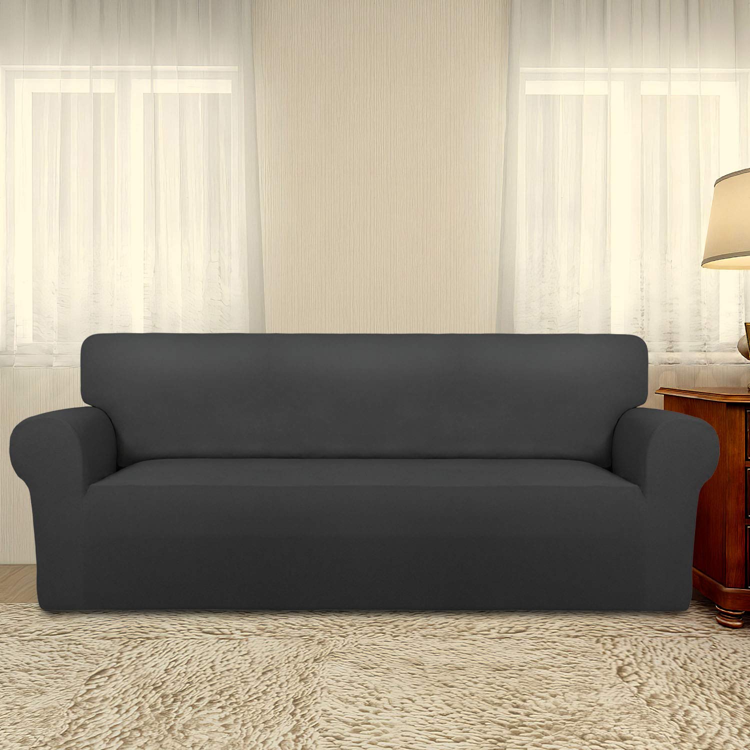 PureFit Super Stretch Chair Sofa Slipcover – Spandex Non Slip Soft Couch Sofa Cover, Washable Furniture Protector with Non Skid Foam and Elastic Bottom for Kids, Pets (Sofa, Dark Gray)