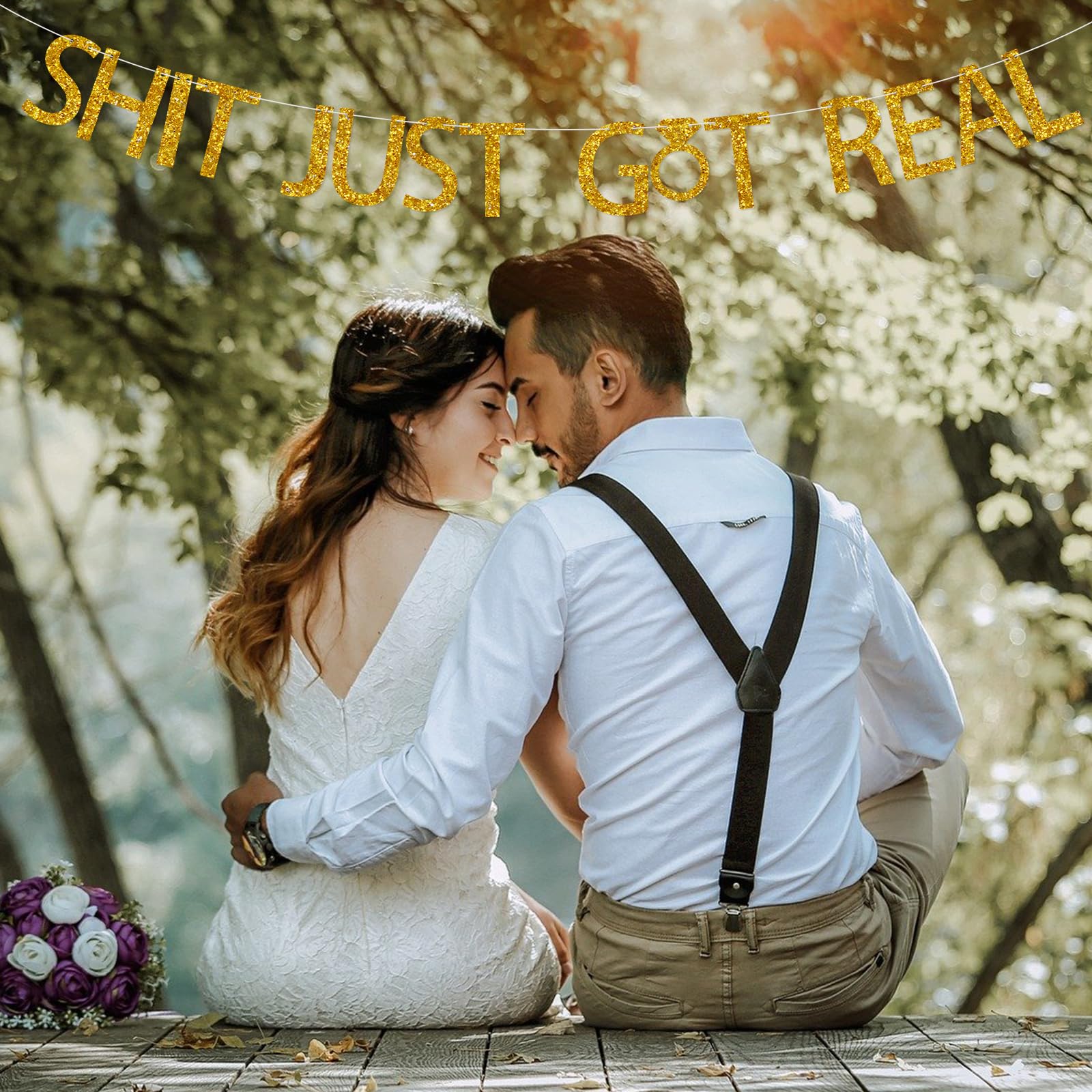 Firefairy™ Shit Just Got Real Gold Glitter Bunting Banner for Funny Wedding, Engagement, Bachelorette,Pregnancy Announcement,Bar Sign