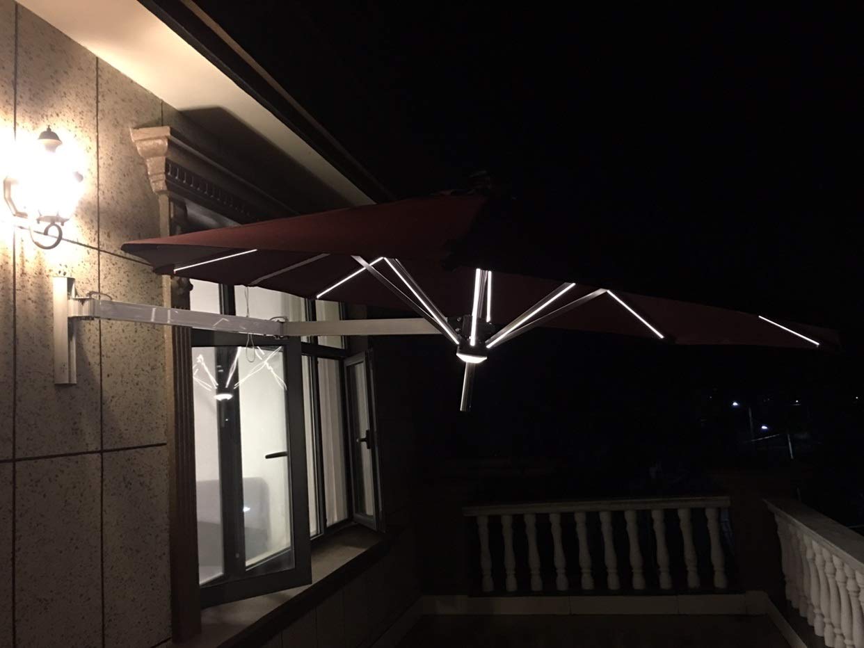 ROLTIN Parasol Garden Umbrella 250cm Wall Solar LED Lights and Metal Pole - Garden tilt Adjustment Sun Shade Umbrella