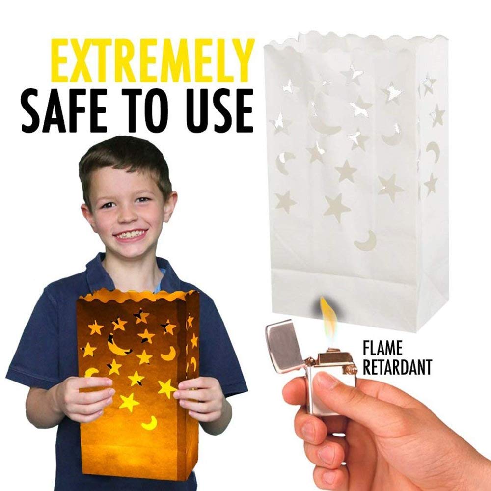 Serdokntbig 20 pcs White Luminary Candle Bags Special Lantern Luminary Bag Stars Moon Durable Reusable Fire-Retardant Cotton Material Wedding Valentine Reception Engagement Event Marriage Proposal