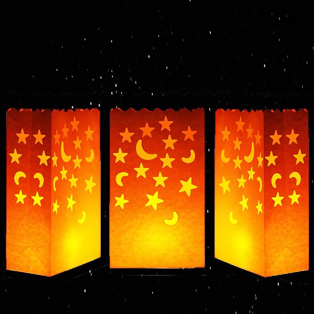 Serdokntbig 20 pcs White Luminary Candle Bags Special Lantern Luminary Bag Stars Moon Durable Reusable Fire-Retardant Cotton Material Wedding Valentine Reception Engagement Event Marriage Proposal