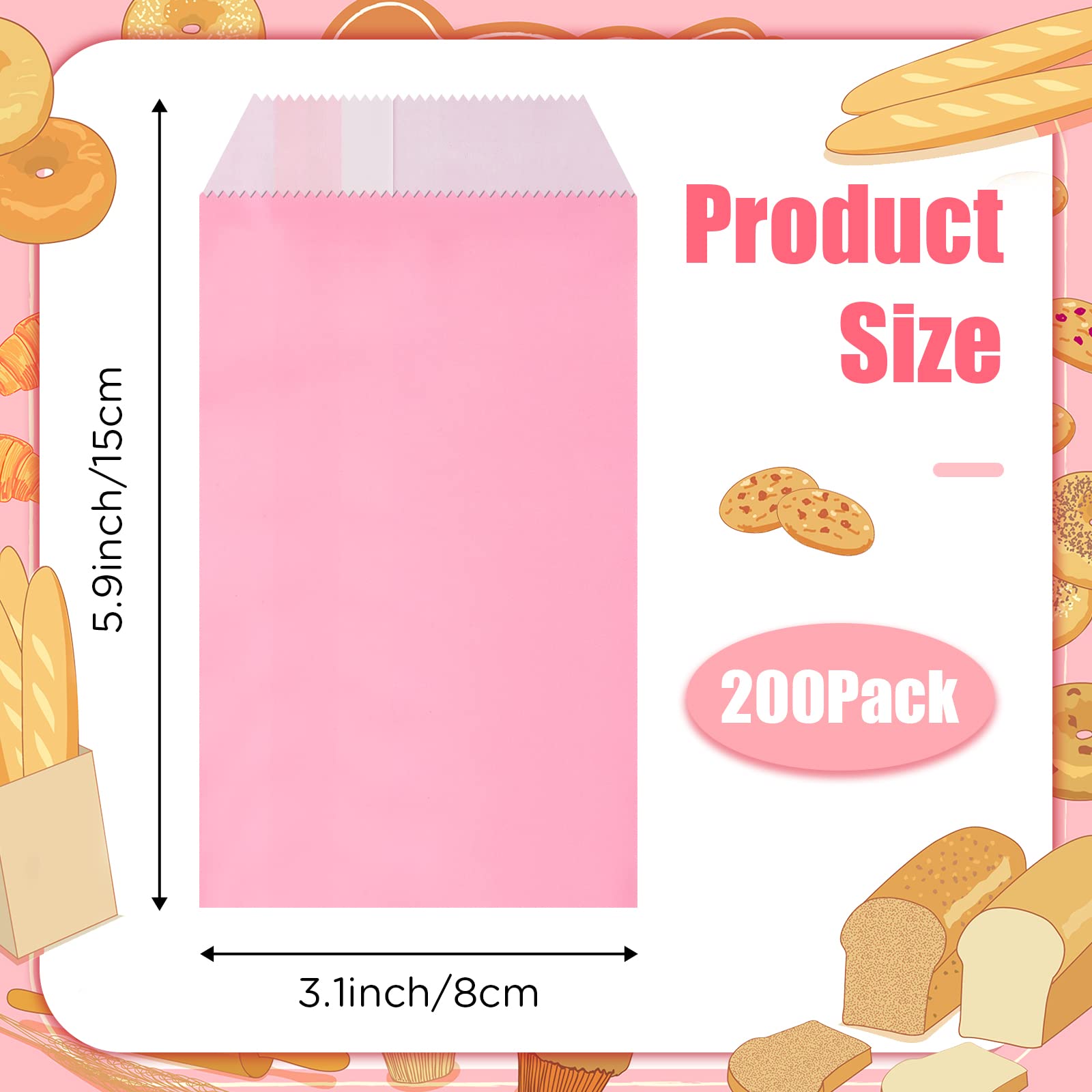 Geyee 200 Pcs Pink Small Paper Treat Sacks 3.1 x 5.9 Inches Candy Buffet Bags Small Flat Kraft Paper Bags Bulk for Snack Cookie Popcorn Candy Sandwich Gift Party
