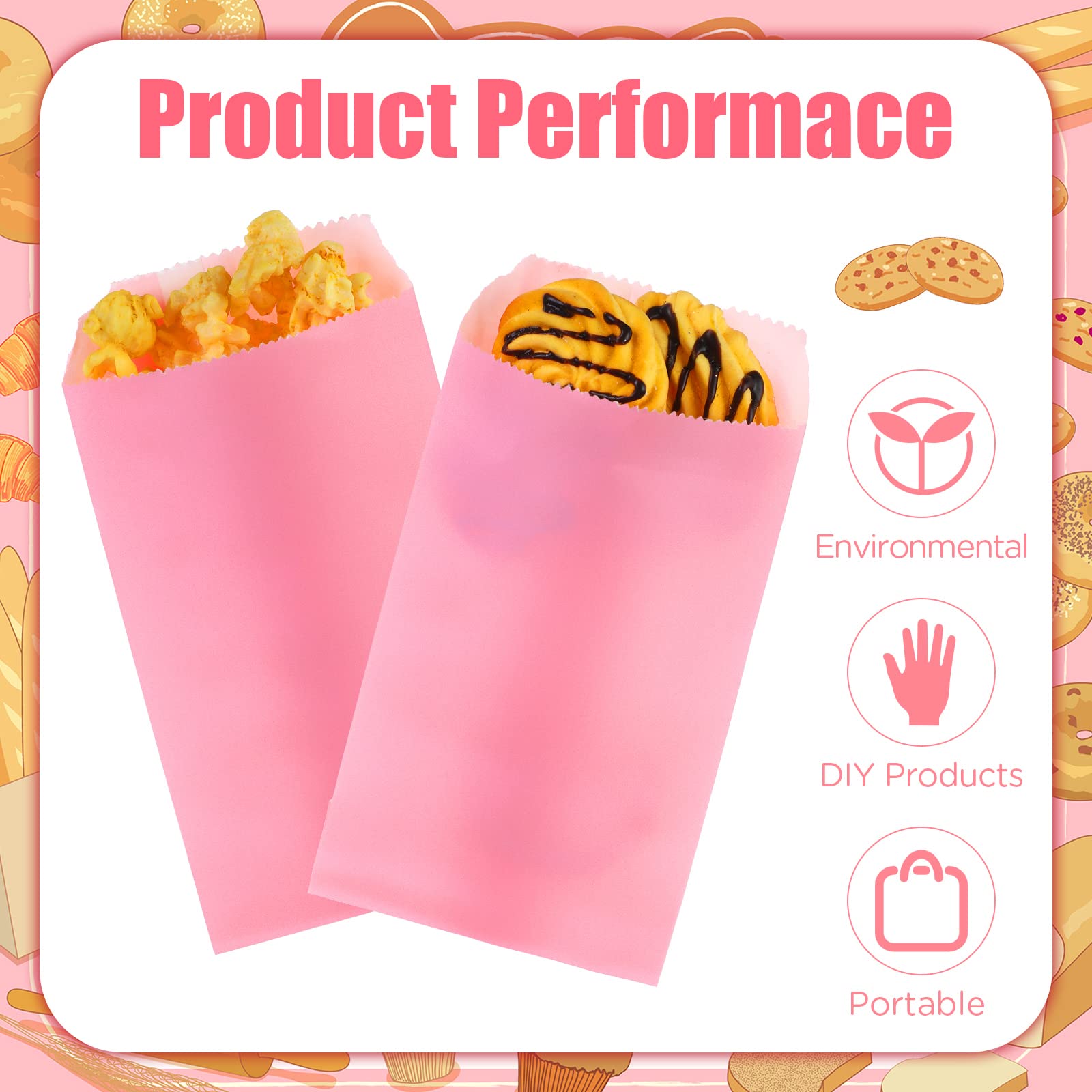 Geyee 200 Pcs Pink Small Paper Treat Sacks 3.1 x 5.9 Inches Candy Buffet Bags Small Flat Kraft Paper Bags Bulk for Snack Cookie Popcorn Candy Sandwich Gift Party