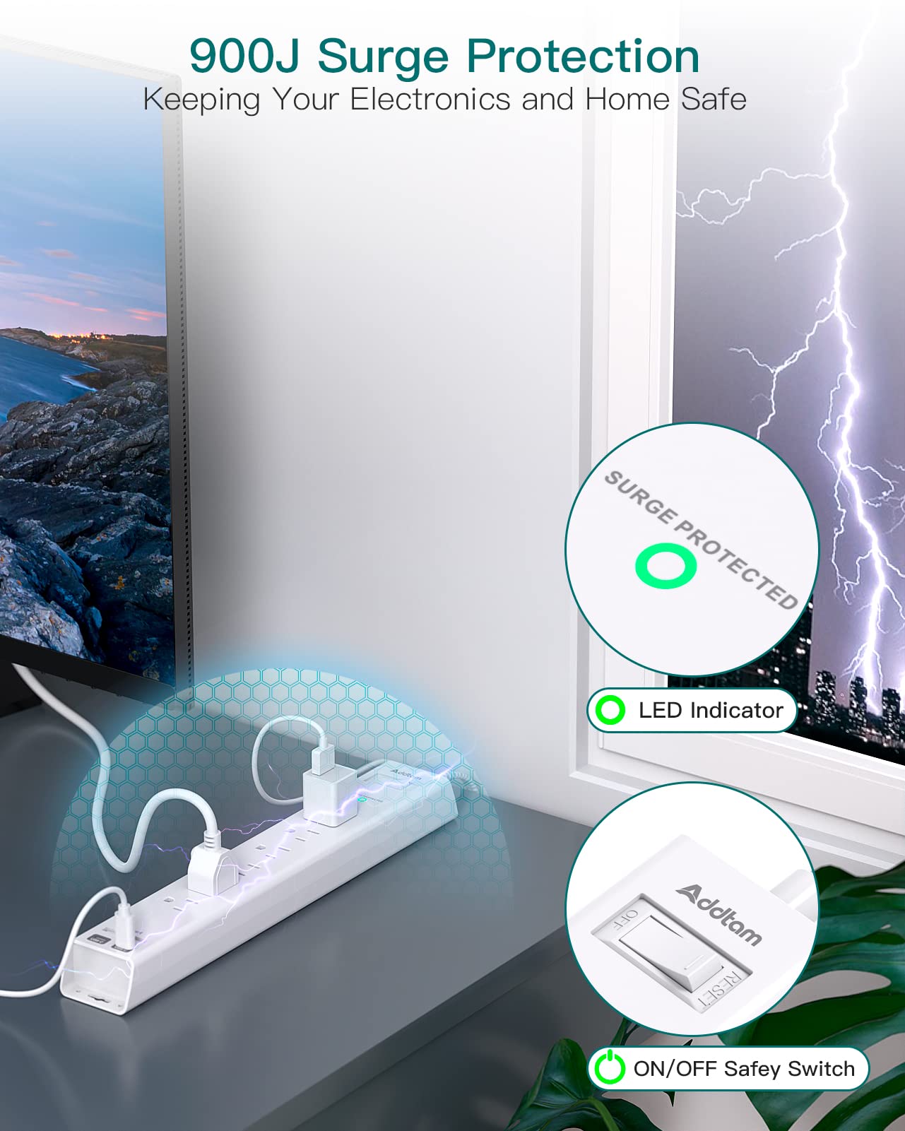 Power Strip Surge Protector with USB C - Flat Plug Extension Cord with 6 AC Outlets 4 USB (2 USB C), Wall Mount, 5ft, 900 J, Multi Plug Outlet Extender for Home Office Dorm Room Essentials