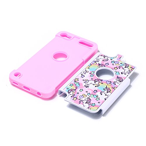 Apple iPod Touch 5,6th Case, iPod 7th Generation Case, Rainbow Unicorn Pattern Shockproof Studded Rhinestone Crystal Bling Hybrid Case Silicone Protective Armor for Apple iPod Touch 5 6th Generation