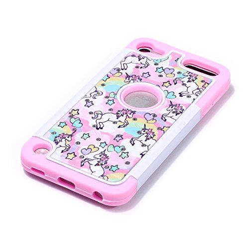 Apple iPod Touch 5,6th Case, iPod 7th Generation Case, Rainbow Unicorn Pattern Shockproof Studded Rhinestone Crystal Bling Hybrid Case Silicone Protective Armor for Apple iPod Touch 5 6th Generation