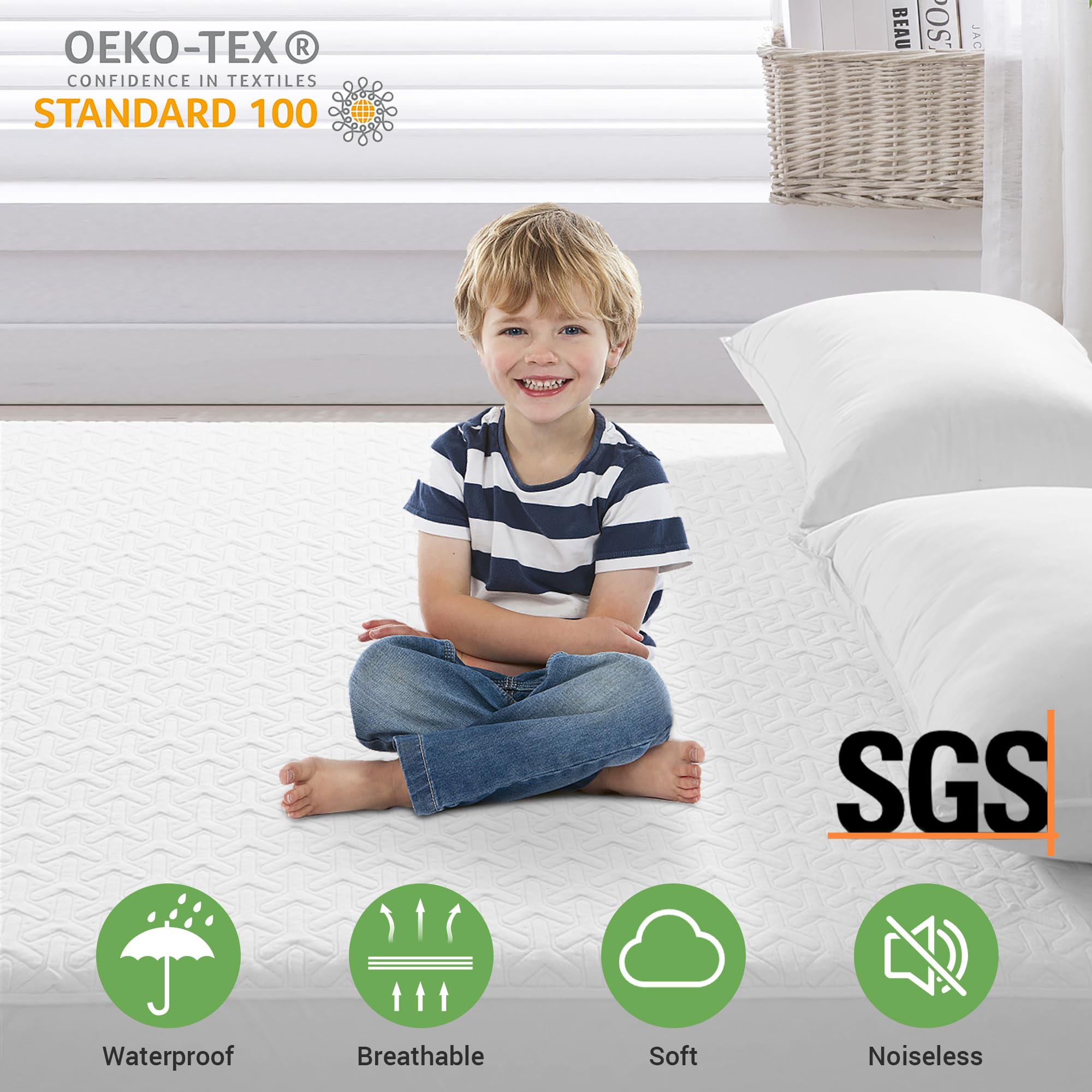 MERITLIFE Premium Waterproof Queen Size Mattress Protector Cooling Mattress Pad Cover Bamboo 3D Air Fabric Ultra Soft Breathable Fitted 8"-21" Deep Pocket Noiseless Vinyl-Free (White, Queen)