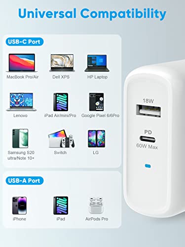 USB C Charger, PowerLot 68W 2 Port GaN PD& QC USB-C Power Adapter, 60W USB C Wall Charger for MacBook Pro, iPad pro Charger Block, 18W USB A Fast Charger for iPhone 12 Pro Max/ 11 Pro Max/iPad Air