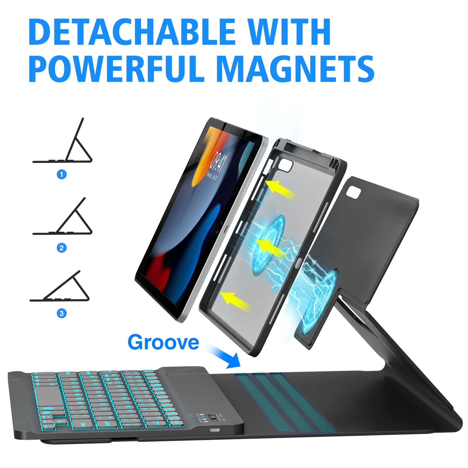 Keyboard Case for iPad 9th/8th/7th Generation 10.2 inch,360° Rotatable Magnetic iPad Pro 10.5-inch Air 3 Case with Keyboard Pencil Holder,7 Color Backlit Bluetooth Keyboard (Black)