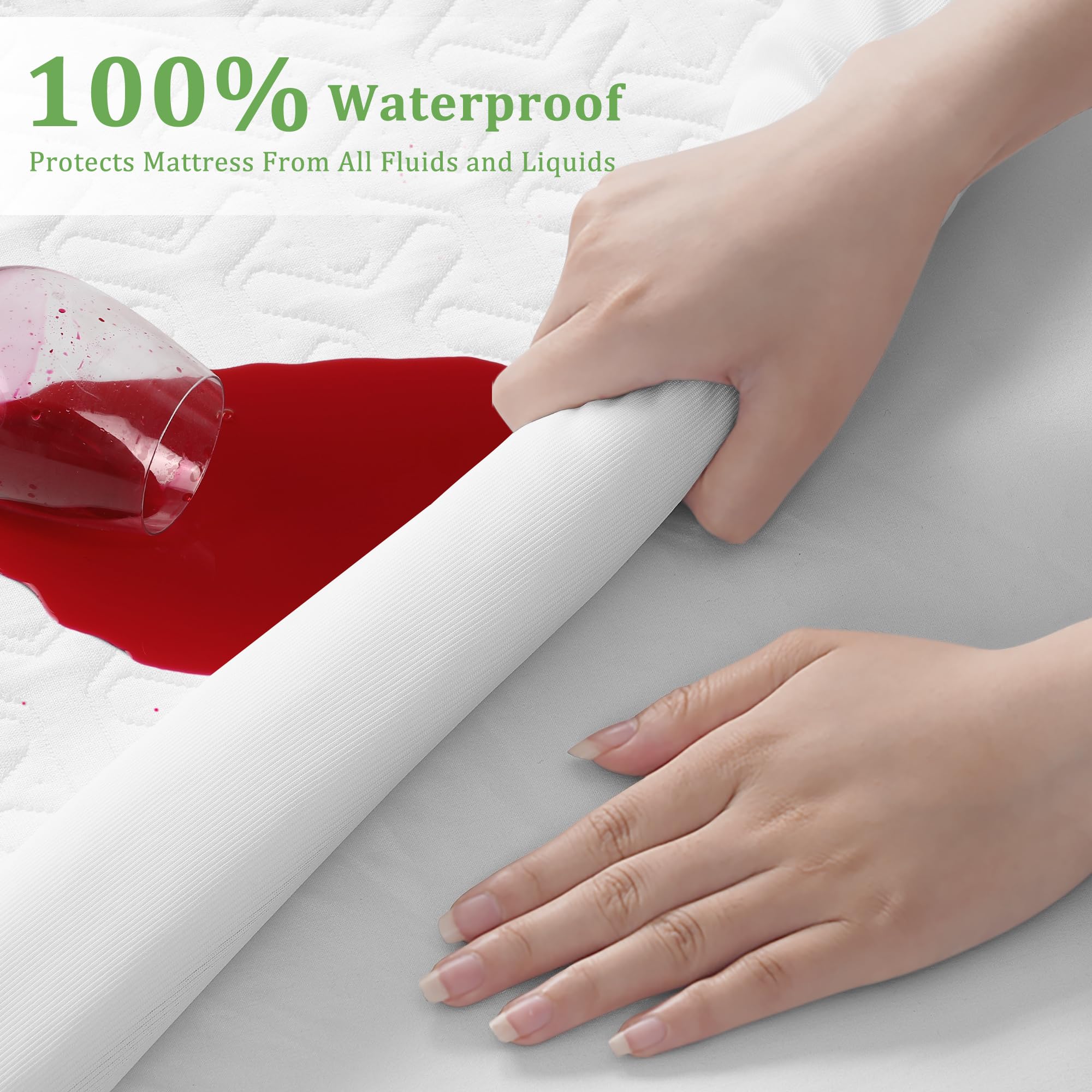 MERITLIFE Premium Waterproof Queen Size Mattress Protector Cooling Mattress Pad Cover Bamboo 3D Air Fabric Ultra Soft Breathable Fitted 8"-21" Deep Pocket Noiseless Vinyl-Free (White, Queen)