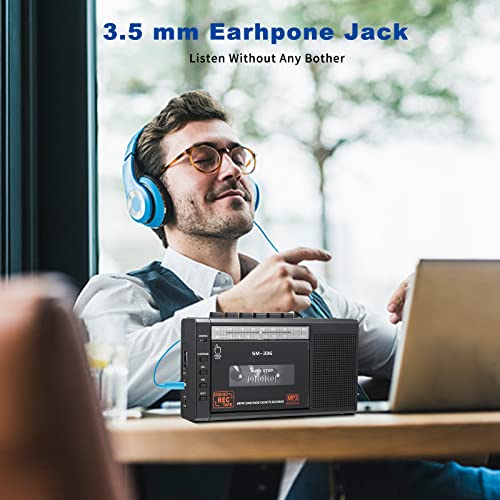 Portable Cassette Player and Recorder , Cassette Tape to MP3 Digital Converter with AM FM Radio, Support USB and Micro SD Card , Loud Speaker and Microphone Powered by AC and AA Battery