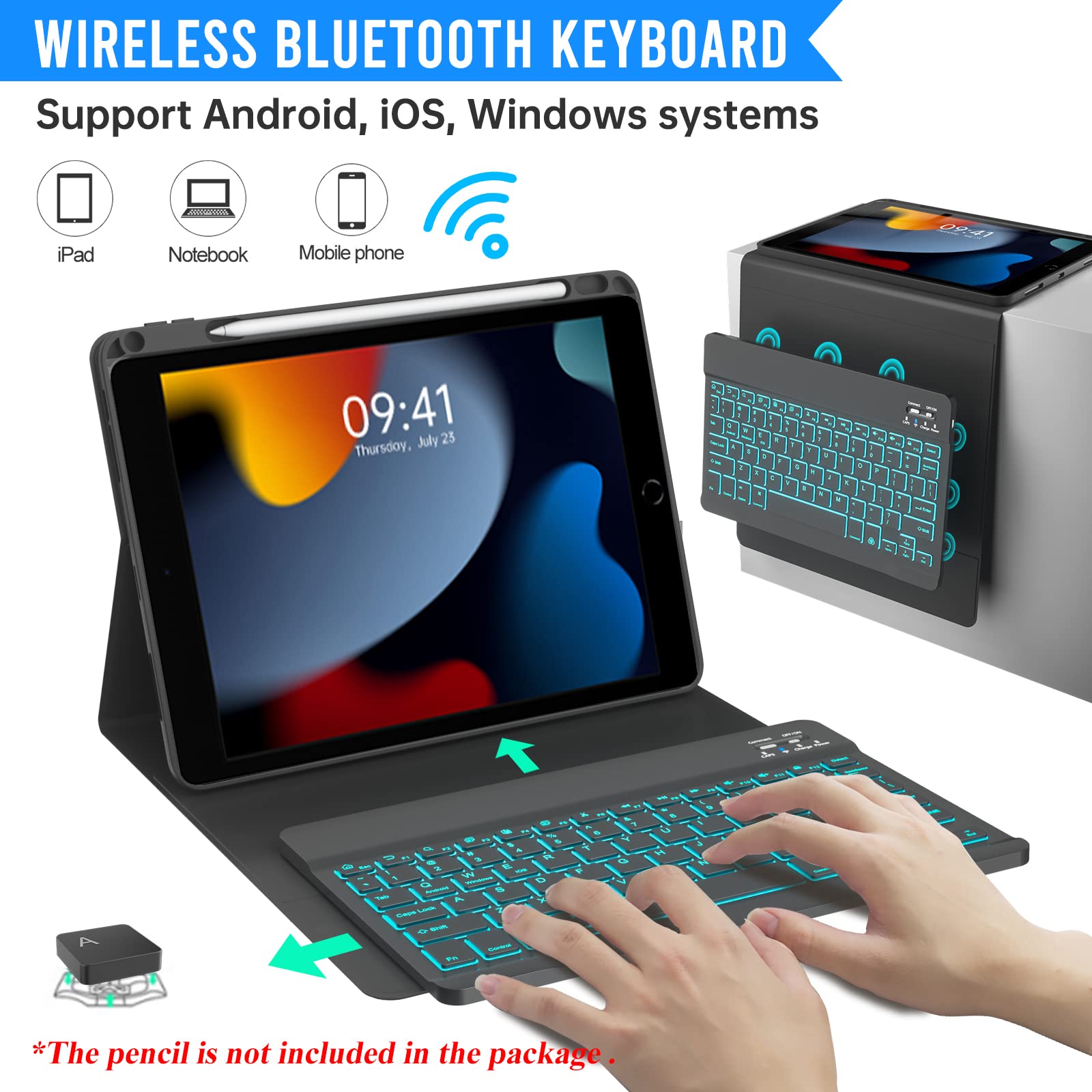 Keyboard Case for iPad 9th/8th/7th Generation 10.2 inch,360° Rotatable Magnetic iPad Pro 10.5-inch Air 3 Case with Keyboard Pencil Holder,7 Color Backlit Bluetooth Keyboard (Black)