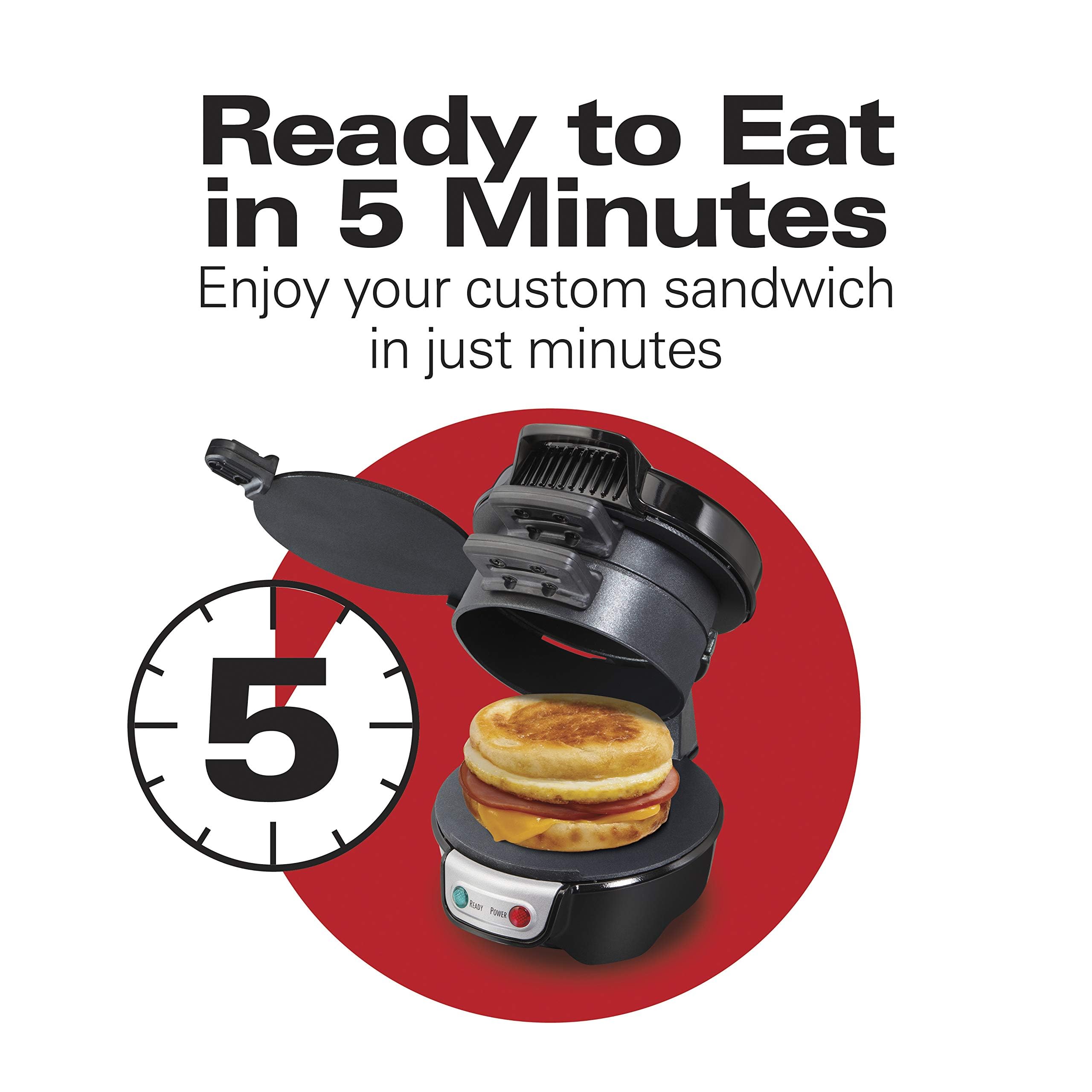 Hamilton Beach Breakfast Sandwich Maker with Egg Cooker Ring, Customize Ingredients, Perfect for English Muffins, Croissants, Mini Waffles, Black