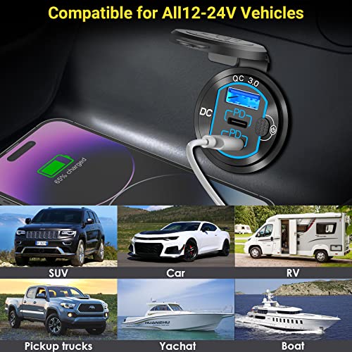 12v USB Outlet USB C Aluminum Car Charger Socket 2 Pack: Newest 58W Lengthened RV USB Outlet 12v Socket Dual USB-C 20W PD3.0 and 18W QC3.0 Car USB Port with Button Power Switch Mounting Panel
