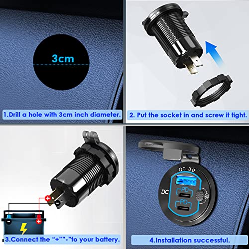 12v USB Outlet USB C Aluminum Car Charger Socket 2 Pack: Newest 58W Lengthened RV USB Outlet 12v Socket Dual USB-C 20W PD3.0 and 18W QC3.0 Car USB Port with Button Power Switch Mounting Panel
