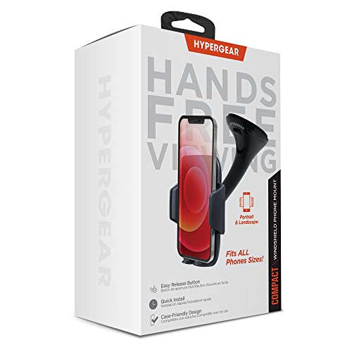 HyperGear Car Windshield Phone Mount Holder [Hands Free] Compatible for iPhone 14/13/12/Pro/Pro Max, Galaxy S23/S22/S21, Note 20 & More [Black] 13605