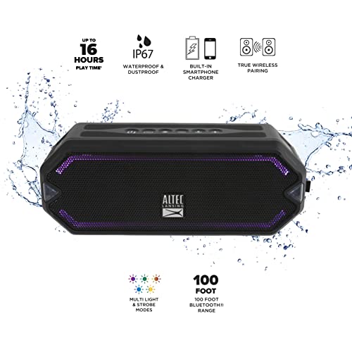 Altec Lansing HydraJolt Wireless Bluetooth Speaker, Waterproof Portable Speakers with Built in Phone Charger and Lights, Everything Proof Outdoor, Shockproof, Snowproof, 16 Hours Playtime (Black)