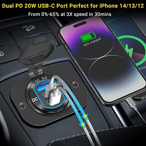 12v USB Outlet USB C Aluminum Car Charger Socket 2 Pack: Newest 58W Lengthened RV USB Outlet 12v Socket Dual USB-C 20W PD3.0 and 18W QC3.0 Car USB Port with Button Power Switch Mounting Panel