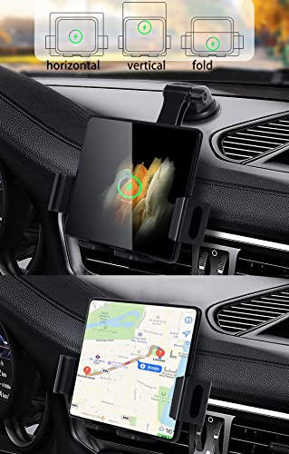 DEMCERT Support Portrait Unfold Charging for Z Fold 3 Car Mount, Wireless Car Charger Compatible for Samsung Galaxy Z Fold 3 Z Fold 4 Auto Clamping Fast Charging Holder with Cooling Fan