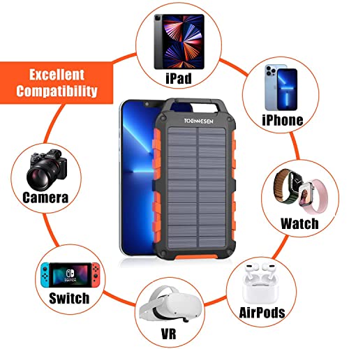 TOENNESEN Solar Power Bank 20000mAh, Portable Solar Charger Power Bank with Dual USB Output and 10 Strong LED Flashlights, IPX4 Waterproof Solar Phone Charger for iPhone, Samsung, iPad