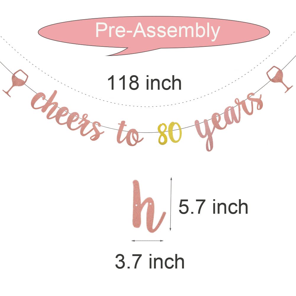 WEIANDBO Cheers to 80 Years Rose Gold Glitter Banner,Pre-Strung,80th Birthday/Wedding Anniversary Party Decorations Bunting Sign Backdrops,cheers to 80 years