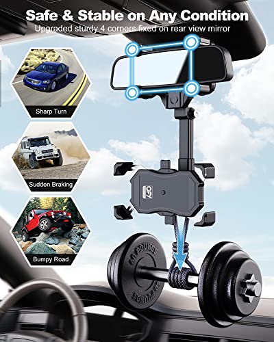 OFY Phone Mount for Car, [2023 Upgraded 4 Clip Never Fall] Rear View Mirror Phone Holder, 360 Rotatable and Retractable Car Phone Holder for Most Mobile Phones & Vehicles