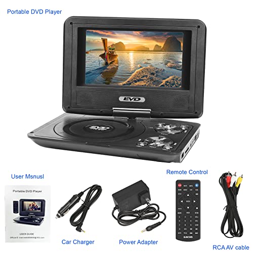SQQBZZ 7" Portable DVD Player for Kids and Car, Support DVD/VCD/SD Card/USB, Remote Control, Car Charger, Power Adaptor (Black)