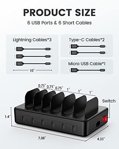 CREATIVE DESIGN Charging Station, 50W 6 Ports Multi Charger Station with 6 Charging Cables, Charging Dock for Multiple Devices, Compatible with Cellphone iPad Kindle Tablet and Other Electronic