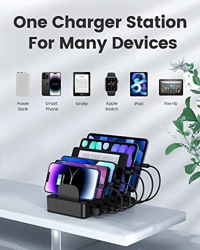 CREATIVE DESIGN Charging Station, 50W 6 Ports Multi Charger Station with 6 Charging Cables, Charging Dock for Multiple Devices, Compatible with Cellphone iPad Kindle Tablet and Other Electronic