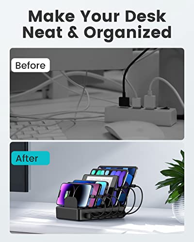 CREATIVE DESIGN Charging Station, 50W 6 Ports Multi Charger Station with 6 Charging Cables, Charging Dock for Multiple Devices, Compatible with Cellphone iPad Kindle Tablet and Other Electronic
