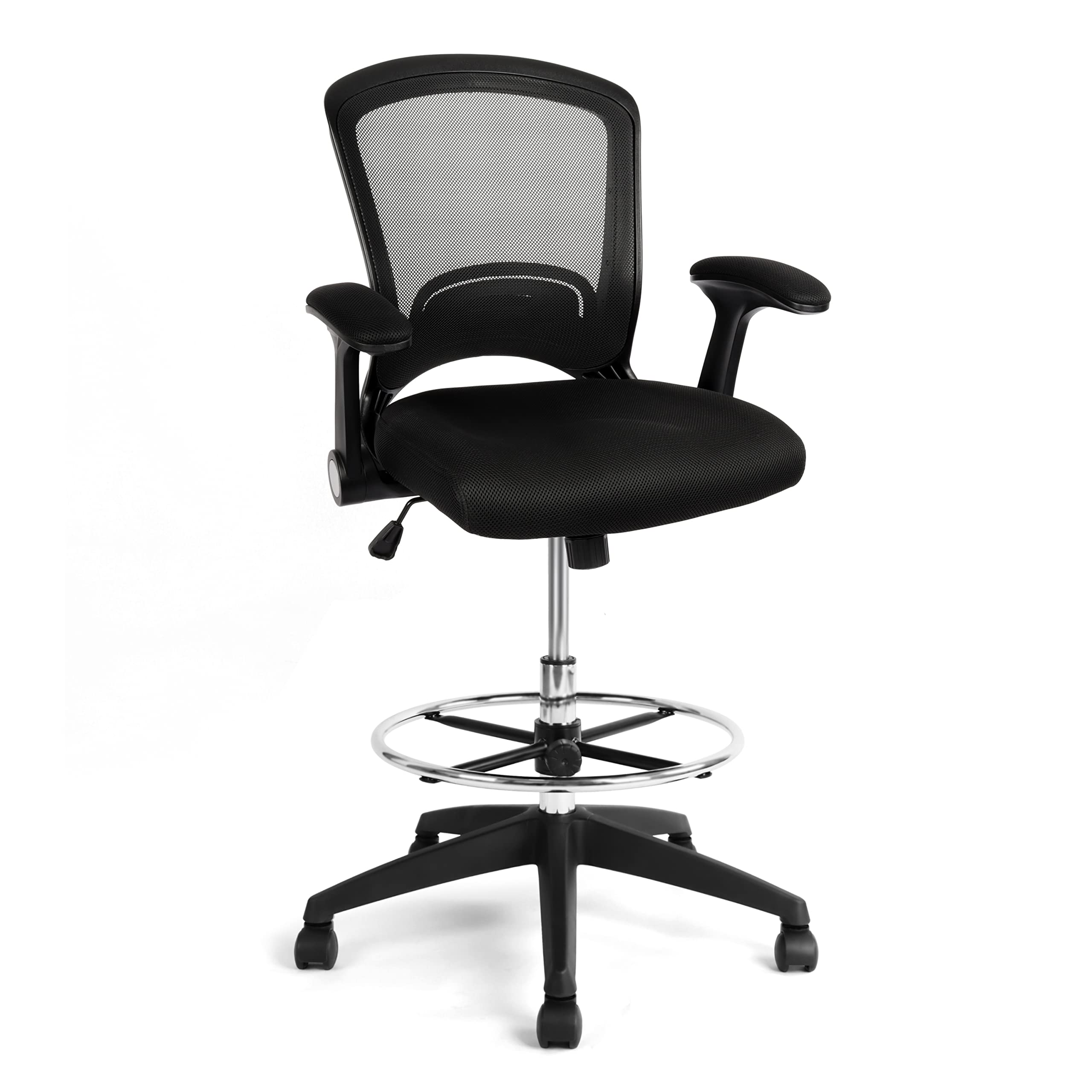 Drafting Chair Tall Office Chair Ergonomic Standing Desk Chair with Adjustable Foot Ring and Flip-up Arms, Black