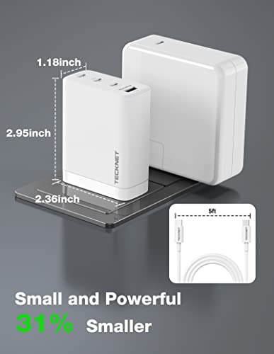 100W USB C Wall Charger, TECKNET GaN Ⅲ Portable USB-C Fast Charger Block with Type C Cable, PD Power Adapter for iPhone 14/14 Pro, MacBook Pro, iPad, AirPods, Dell XPS, Pixel, Samsung, PS5, Switch