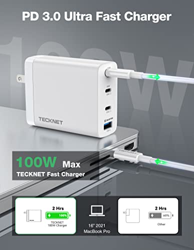 100W USB C Wall Charger, TECKNET GaN Ⅲ Portable USB-C Fast Charger Block with Type C Cable, PD Power Adapter for iPhone 14/14 Pro, MacBook Pro, iPad, AirPods, Dell XPS, Pixel, Samsung, PS5, Switch