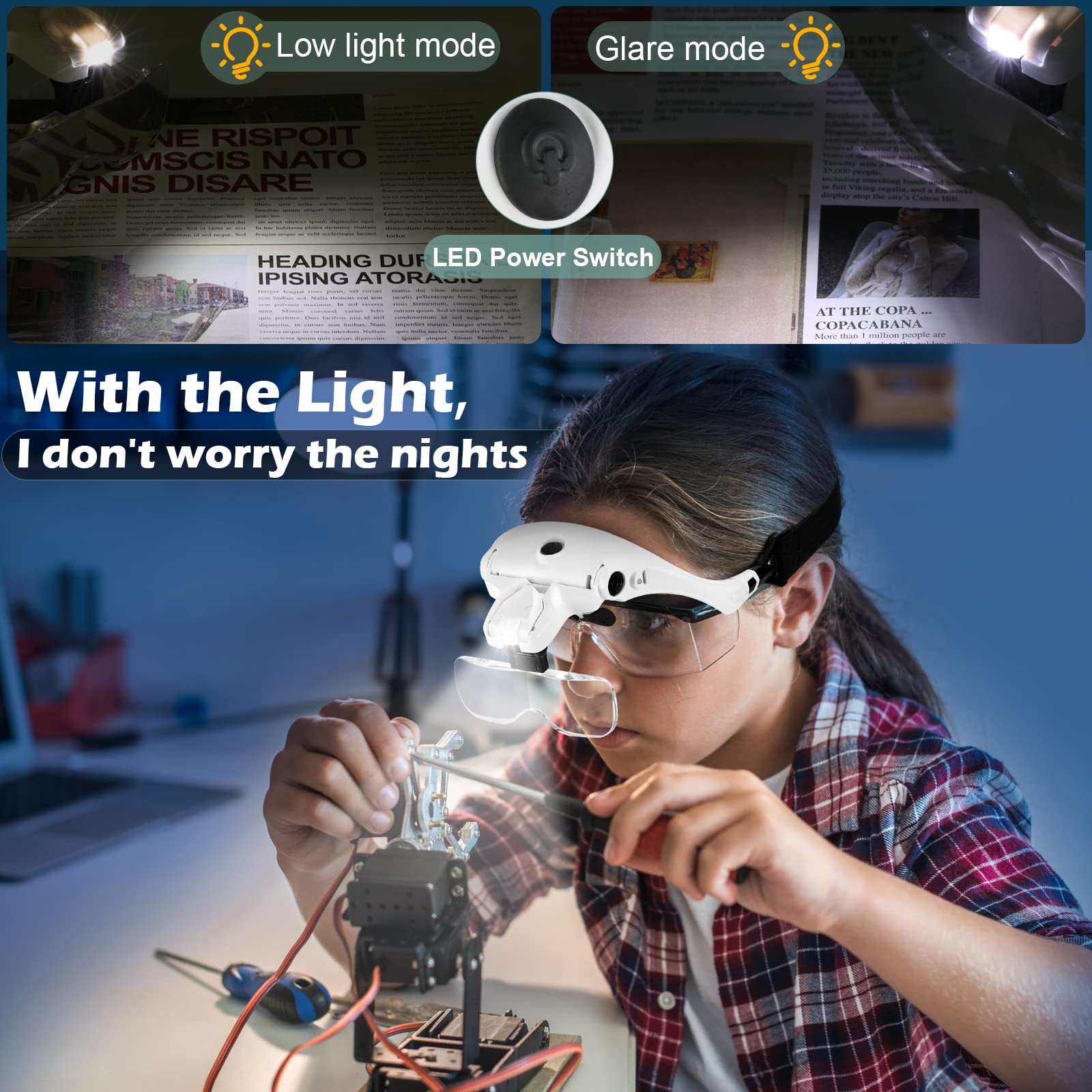 Rechargeable Headband Magnifying Glass with Storage Case, Hands Free Head Magnifier Glasses with LED Light, 1X-1.5X-2X-2.5X-3.5X Lighted Magnifying Headset for Close Work Reading Craft Jewelers Hobby