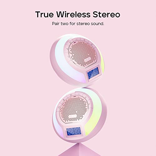 Tribit AquaEase Bluetooth Shower Speaker, IPX7 Waterproof Wireless Speaker, 18H Playtime, Built-in Mic, Mini Speaker with Light, Stereo Pair, App Control, Portable Speaker for Outdoor and Home (Pink)