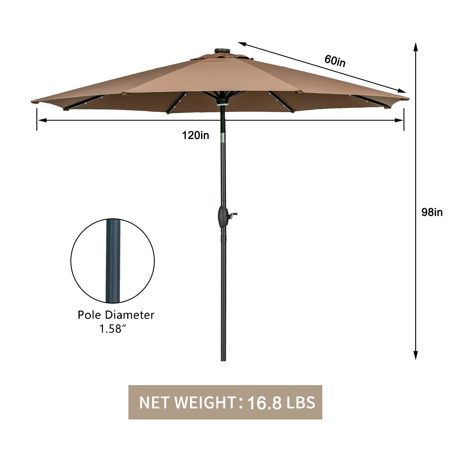 Sunoutife 10FT Patio Umbrella with 40 Solar LED Lights, Large Outdoor Table Umbrella with Tilt Adjustment and Crank for Market Garden Backyard & Pool