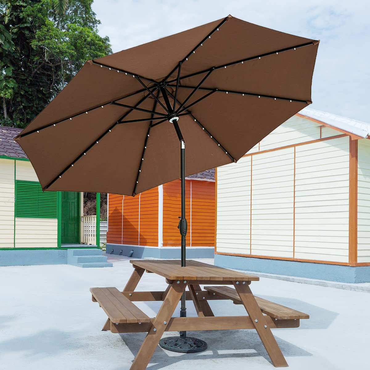Sunoutife 10FT Patio Umbrella with 40 Solar LED Lights, Large Outdoor Table Umbrella with Tilt Adjustment and Crank for Market Garden Backyard & Pool