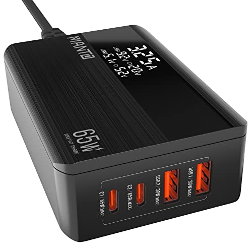 USB C Charger, MANTO 65W USB C Charger with LED Display, Super Fast Charger with Dual USB C+ Dual USB A, PPS USB C Charging Station Compatible with MacBook Pro/Air, Laptops, iPad, iPhone and More