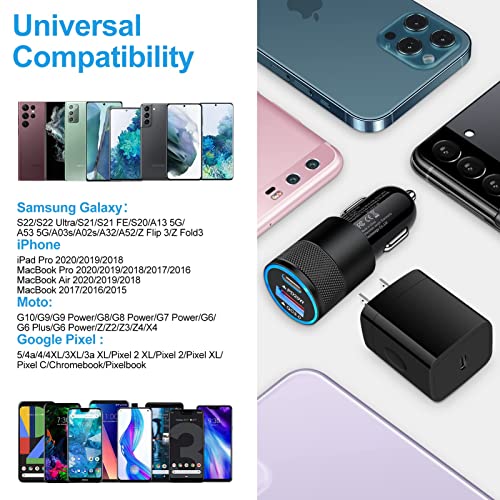 Type C Charger Fast Charging Block for Samsung Galaxy A14,A13 5G,A54,S23,A03s,S21 FE,A53 5G,S22 Ultra,Z Fold 4,S20 FE,20W PD 3.0 USB C Wall Charger 38W Car Adapter+2 PCS Android 6ft USB C-to-C Cable