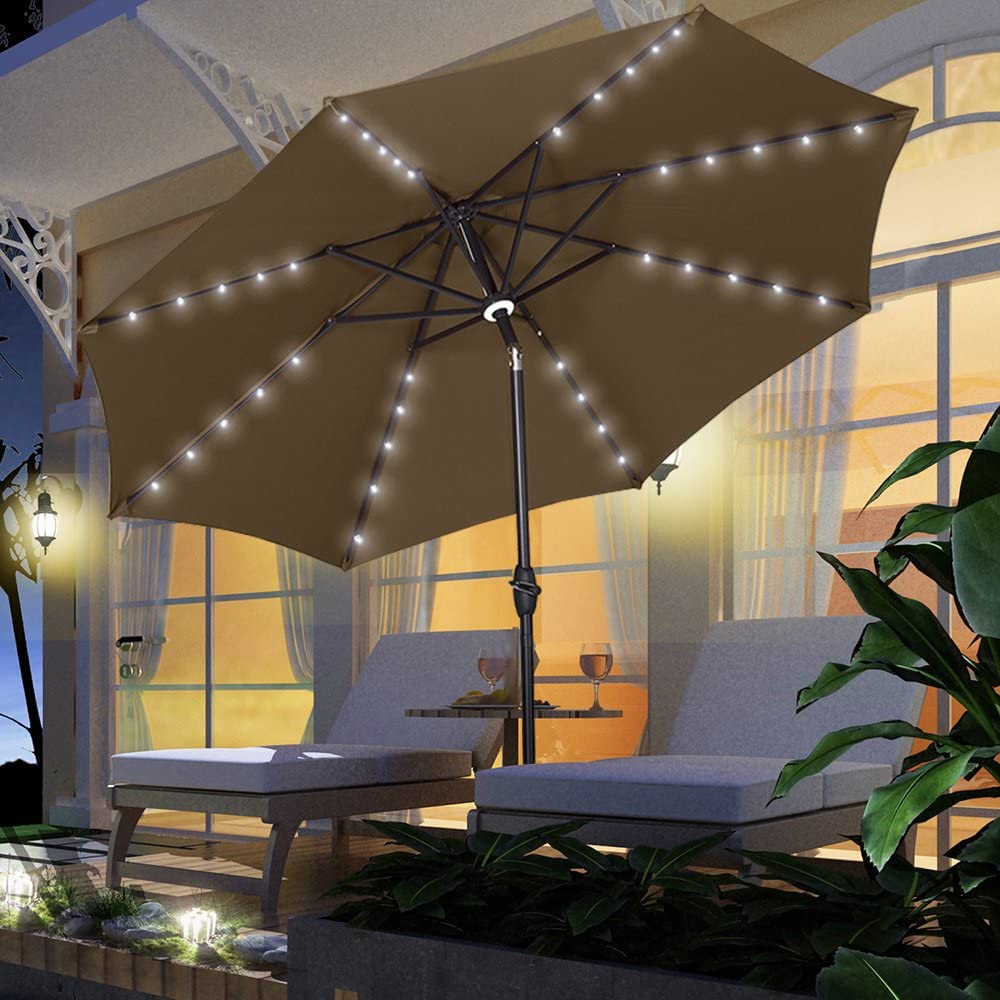 Sunoutife 10FT Patio Umbrella with 40 Solar LED Lights, Large Outdoor Table Umbrella with Tilt Adjustment and Crank for Market Garden Backyard & Pool