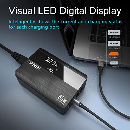 USB C Charger, MANTO 65W USB C Charger with LED Display, Super Fast Charger with Dual USB C+ Dual USB A, PPS USB C Charging Station Compatible with MacBook Pro/Air, Laptops, iPad, iPhone and More