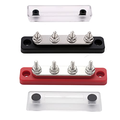 Gloaso 100 Amp Common Bus Bar 12V- 48V DC, Copper Made, 4 x 3/16β Post Terminal Power Distribution Block with Cover, Red & Black, 100A Busbar 2 Pack