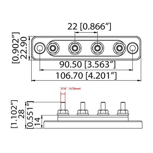 Gloaso 100 Amp Common Bus Bar 12V- 48V DC, Copper Made, 4 x 3/16β Post Terminal Power Distribution Block with Cover, Red & Black, 100A Busbar 2 Pack