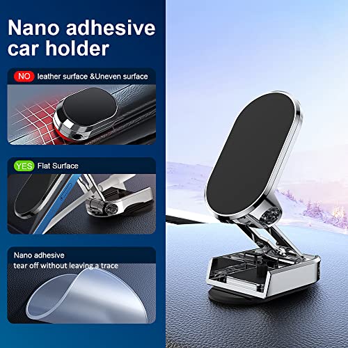 【 2-PACK】2023 New Alloy Folding Magnetic Car Phone Holder, Magnetic 360° Rotation Car Phone Holder, Universal Dashboard Car Phone Mount, Folding Magnetic phone holder for car (Black+Silver)