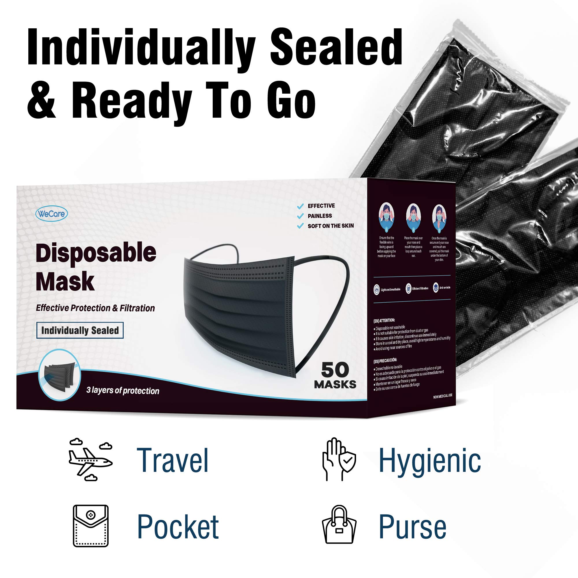 WECARE Disposable Face Mask Individually Wrapped - 50 Pack, Black Masks 3 Ply
