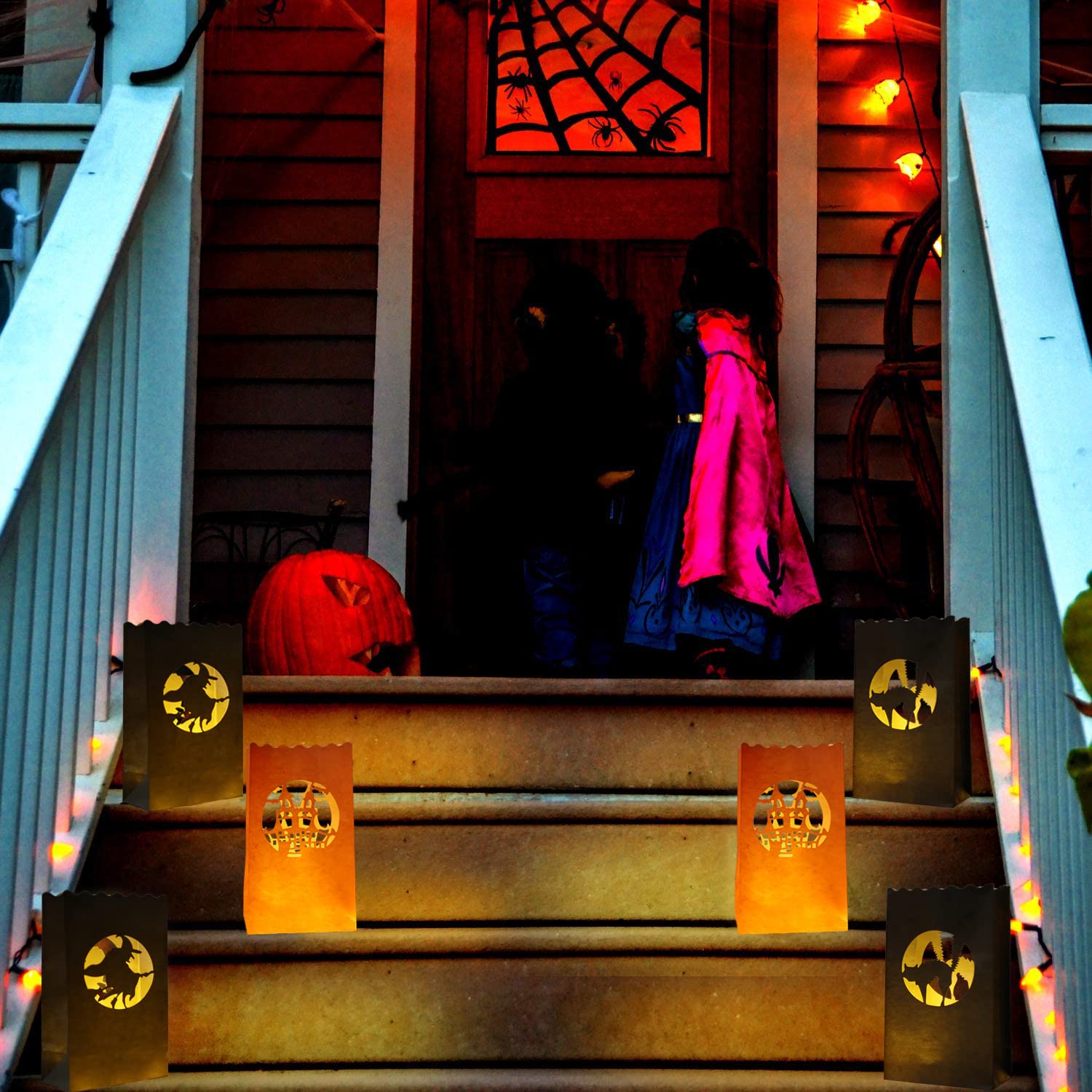 Stmarry 48 pcs Halloween Luminary Bags, Flame Resistant Luminaries, Orange and Black Tea Light Candle Bags - Witch, Black Cat Silhouette Decorations & Party Lanterns